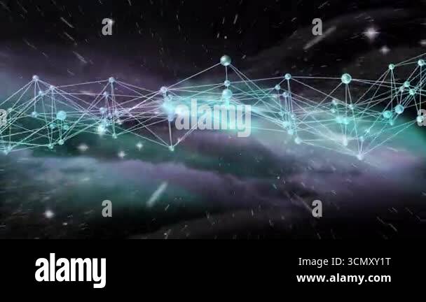 Nebula drifting triggers network pulsing, lines morphing and streaks shooting, panning showing ...