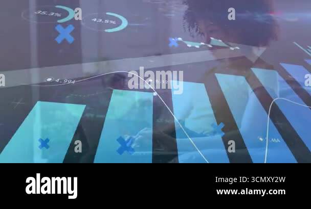 woman typing on laptop and generating animated finance charts while ...