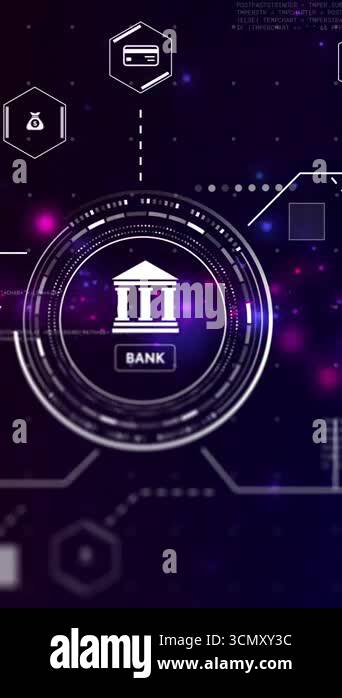 Digital network showing banking technology icons connected in animation ...