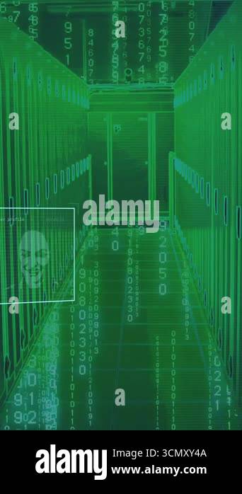 Digital faces and binary code animation over green matrix-like ...
