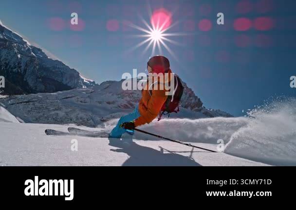 Off Piste Skier Running Down. Super Slow Motion, 1000 fps. Skiing on ...