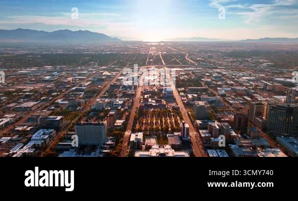 Straight parallel roads cross the urban landscape of the large city ...