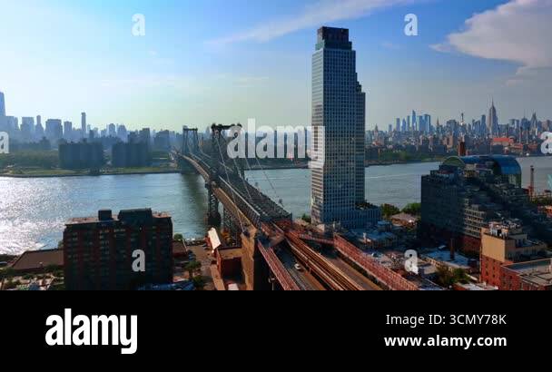Manhattan and Brooklyn Bridge view from above. Aerial photo shows the ...
