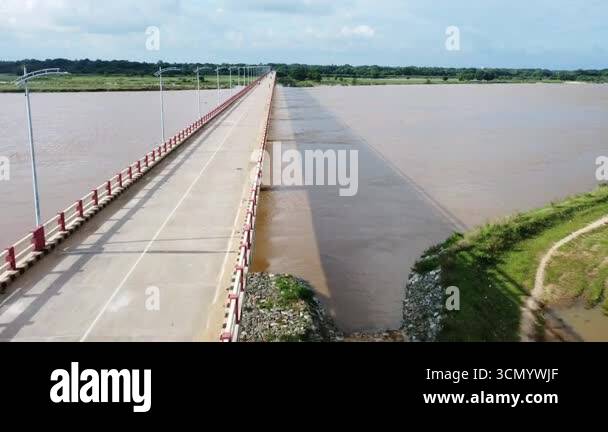 Bridge over the river in rainy day. Aerial drone view of Indian bridge ...