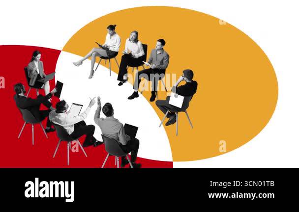 Creative video ad showing business group discussion with intersecting ...