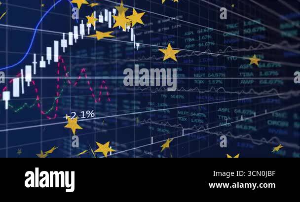 Candlestick chart appearing on blue grid, bars rising and dipping with ...