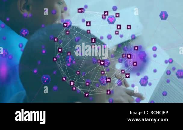 Pointing at book text, boy and girl reading and summoning pulsing icon ...