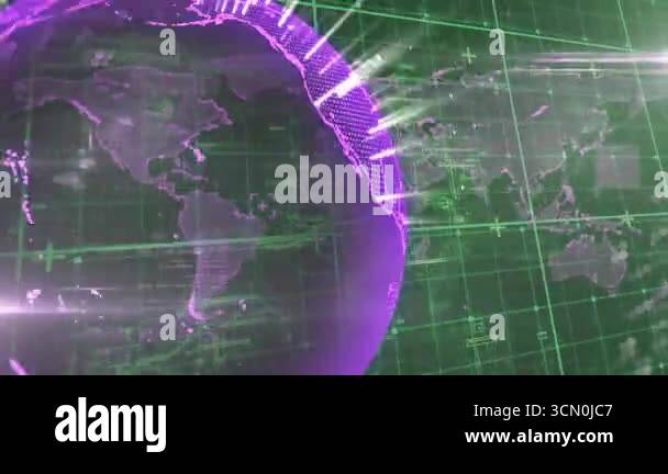 At start purple dotted globe emerging and rotating, firing light beams ...