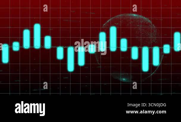 On red grid appearing, cyan bars rising and pulsing around sphere, receding to illustrate ...