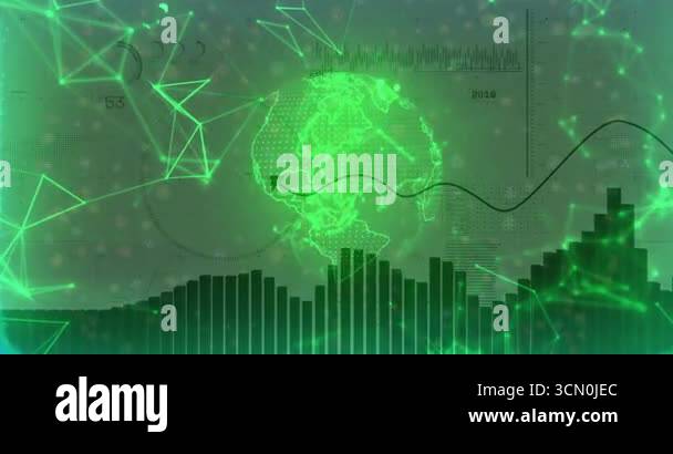 On load, wireframe globe rotating bar chart rising and wave line ...
