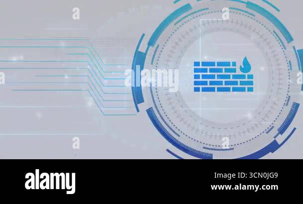 Upon turquoise lines sliding in, HUD with blue firewall icon spinning ...
