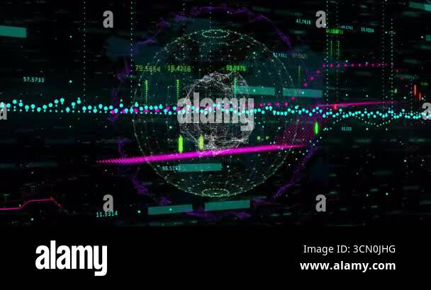 Starting rotation of wireframe globe emitting dots and bars, waveform and blue curve showing ...