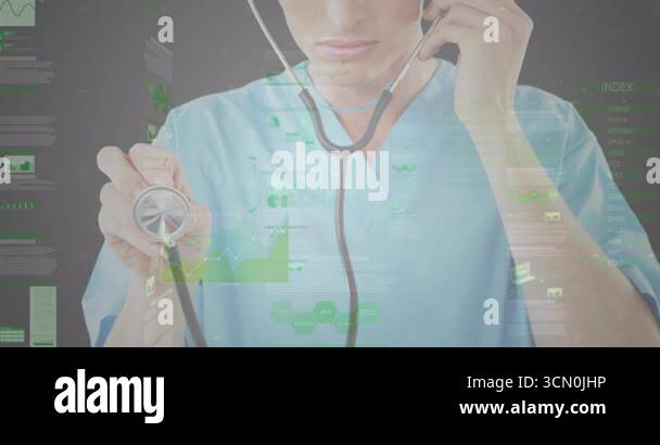 Doctor tapping stethoscope after raising it and holding phone, updating ...