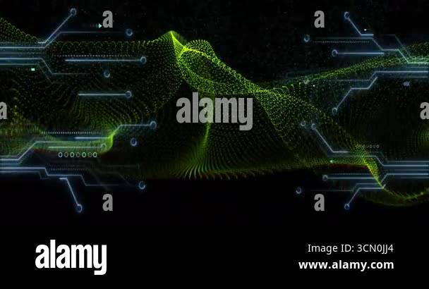 Neon green wave emerging from left reaching peak while blue circuit lines sliding showing data ...