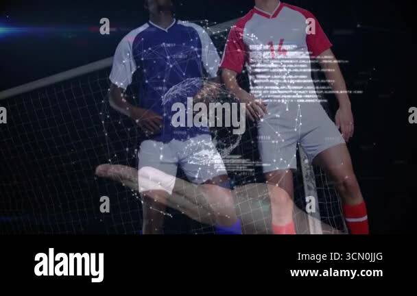 Soccer players watching hand spawning code globe then leaping ...