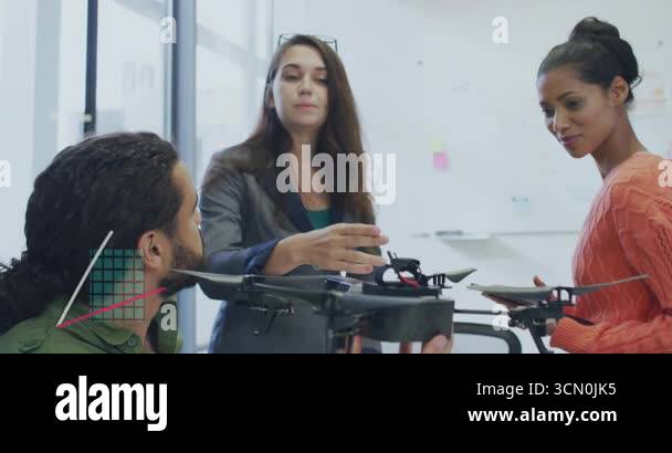 Tech team inspecting drone and tapping tablet, generating animated charts showing stability ...