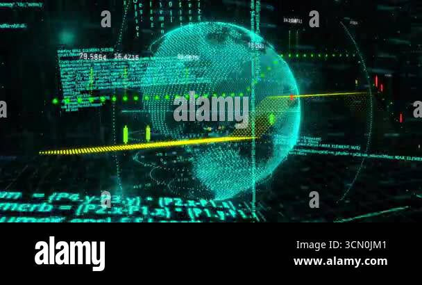 Scene starting with rotating globe with code as yellow dotted line ...