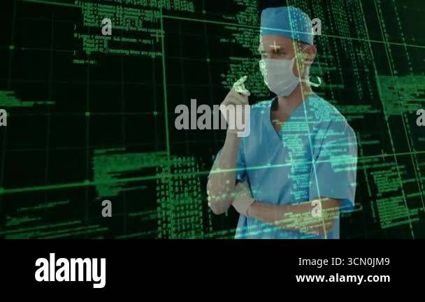 Surgeon raising finger scrolling green grid, tapping mask strap ...