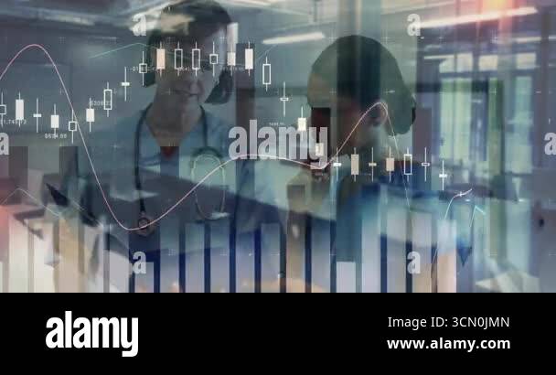 Senior doctor gesturing clipboard showing chart overlays while junior examining data for review ...