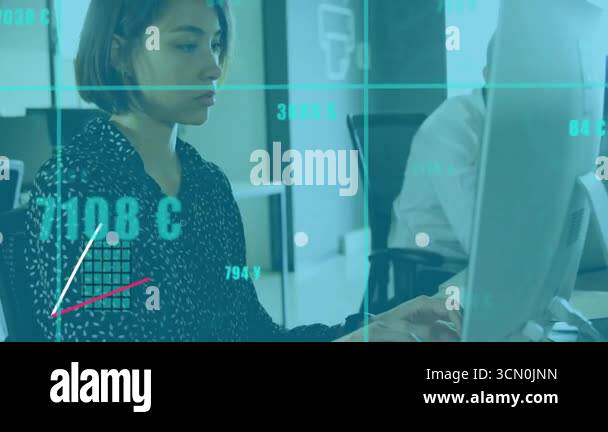 Female office worker typing activating tech grid overlay animated bars ...