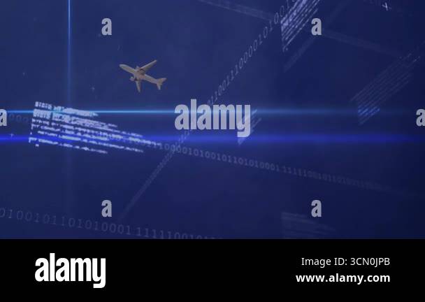 On opening, jet airplane gliding into view pulsing beam wrapping binary streams visualizing data ...