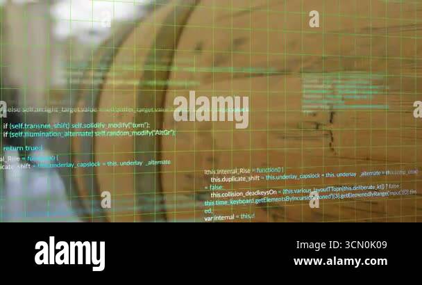 Starting with shot showing wooden barrel receiving green grid overlay scrolling pale code blocks ...