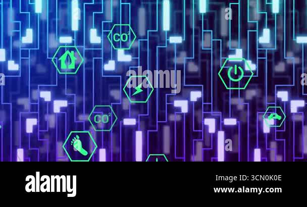 Teal-violet grid bars pulsing starting icons floating clustering dispersing visualizing green ...