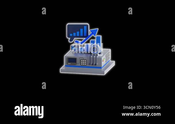 An animation showcasing a 3d render of computer tower with charts ...