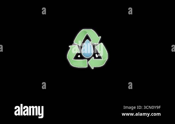 Animated footage showcasing a green recycling symbol with a water ...