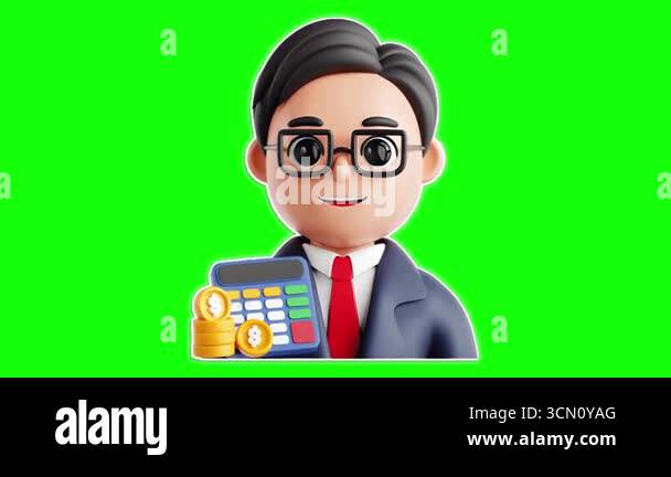 Animated accountant character holding calculator and coins on green ...