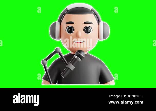 Animated character with headphones and microphone on green background ...