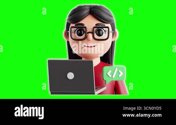 A cheerful animated character coding on a laptop with a vibrant green ...