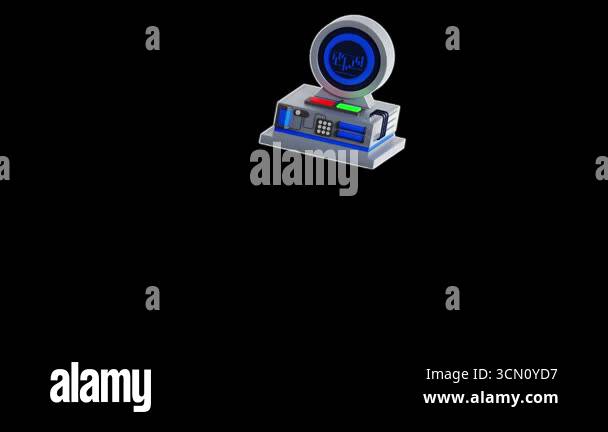 Animated device with a circular screen displaying fluctuating data on a ...