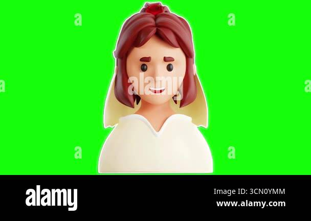 A cheerful animated bride character with a bright smile and a rose in ...