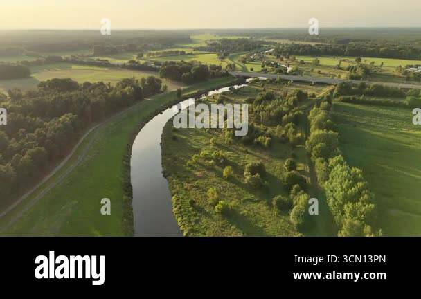 Aerial view on Lusatian Neisse at sunset time. Lusatian Neisse is ...