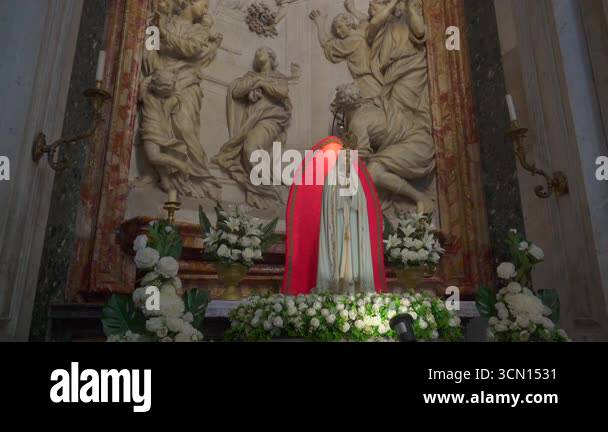 Rome, ITALY, JULY 30th, 2025 - Statue of Our Lady of Fatima crowned and ...