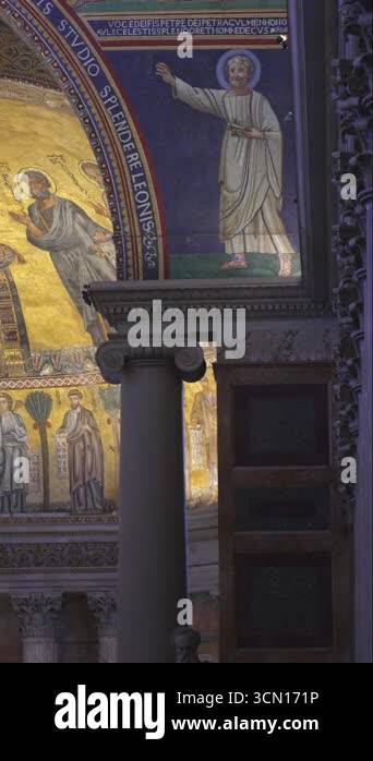 Golden mosaic fresco with saints and apostles, classical columns, and ...