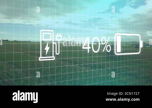 Tech grid HUD initiating charging showing battery rising falling with ...