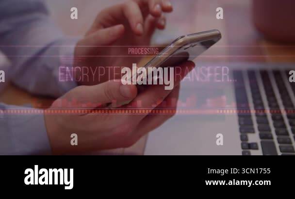 Hands holding smartphone tapping screen initiating processing overlay ...