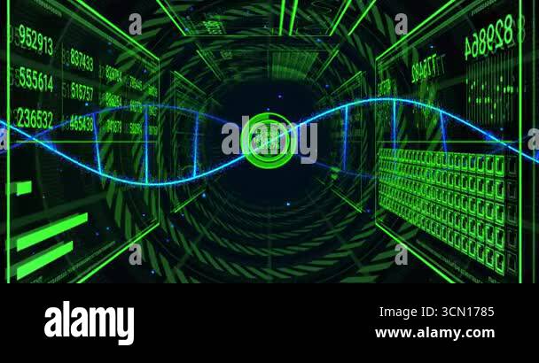 Appearing blue waveform traveling in neon tunnel to hub while panels updating codes showing data ...