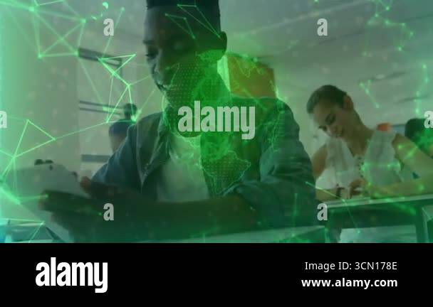 Teenage male student tapping tablet and animating holographic network ...