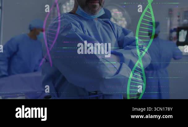 Zooming in revealing lead surgeon relaxing arms, smiling as DNA strands ...