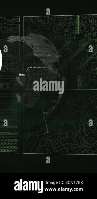 Animation of light spot over interface with data processing against spinning globe. Computer ...