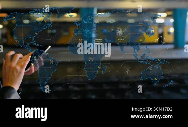 Woman commuter tapping smartphone activating map overlay for tech ...
