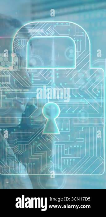 Animation of security padlock icon and data processing over caucasian ...
