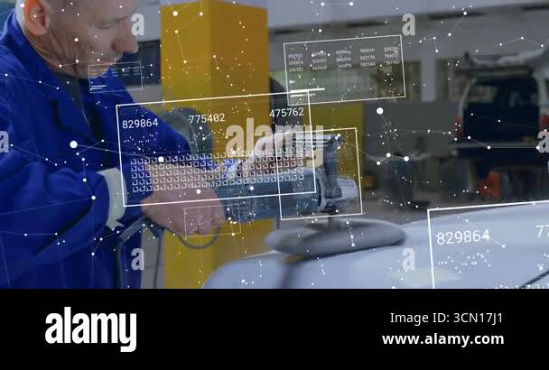 Male tech powering polisher in auto shop showing animated data panels tracing hood polishing ...