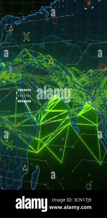 Animation of world map over network of connections on black background ...