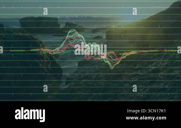 Sunlight hitting rocky coast starting green grid fading in, rainbow waveform pulsing showing ...