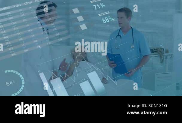 Medical team reviewing vitals, tablet tapping displaying chart overlays ...