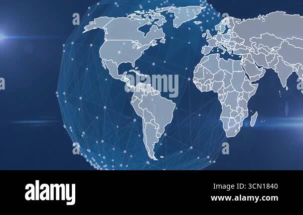 Partial 3D mesh globe revealing Americas rotating worldwide pulsing nodes showing global network ...